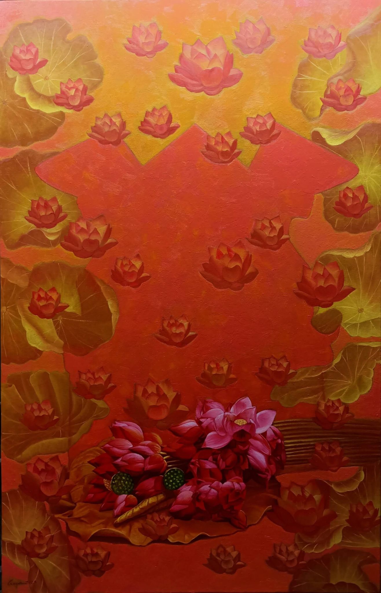 Floating Flowers - Vietnamese Oil Painting by Artist Nguyen Dinh Duy Quyen
