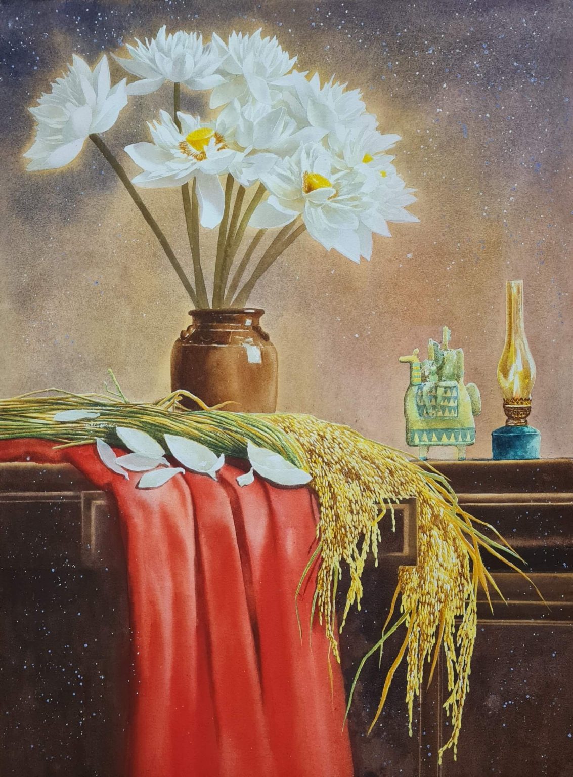 White Lotus - Vietnamese Watercolor Painting by Artist Nguyen Lam