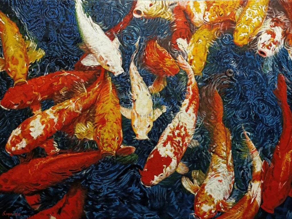 KOI Fish II - Vietnamese Oil Painting by Artist Nguyen Dinh Duy Quyen