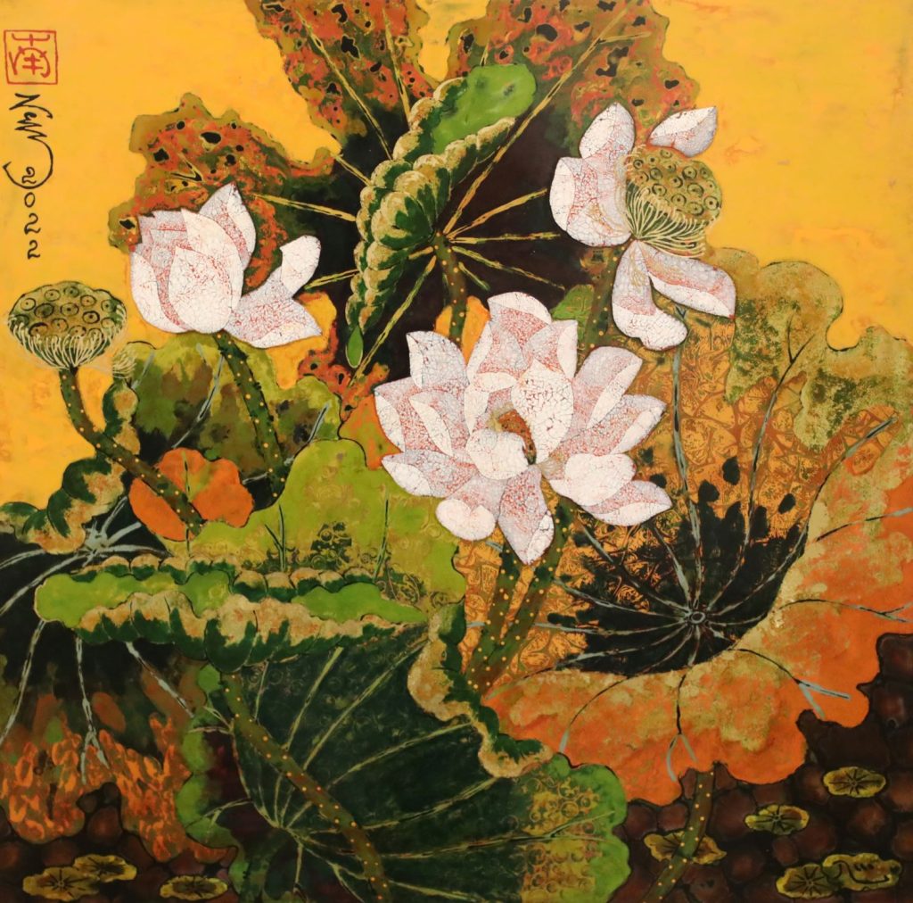 Lotus XIV - Vietnamese Lacquer Paintings Flower by Artist Tran Thieu Nam