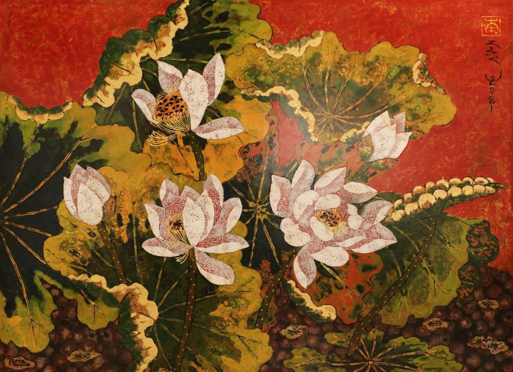 Lotus XIV - Vietnamese Lacquer Paintings Flower by Artist Tran Thieu Nam