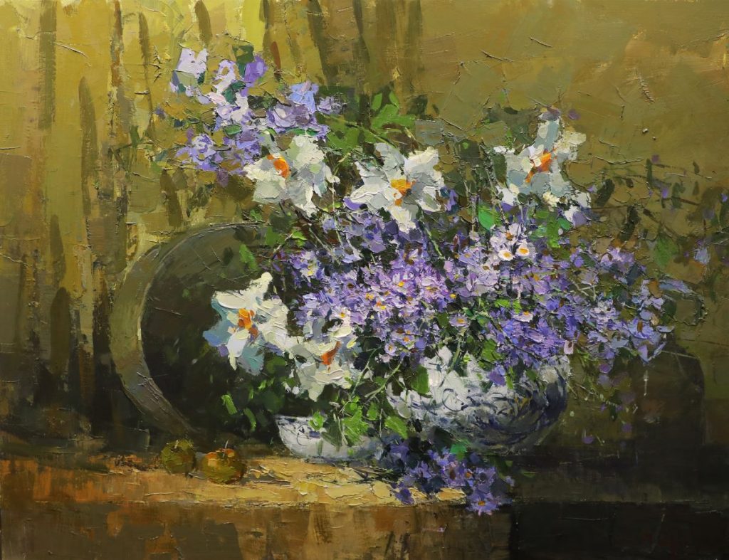 Still Life I - Vietnamese Acrylic Painting of Flowers by Artist Le Huong