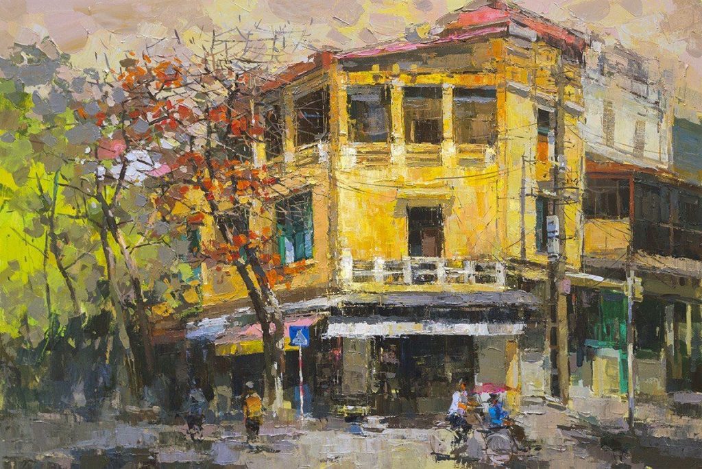 Street Market in Autumn - Vietnamese Oil Painting by Artist Pham Hoang Minh